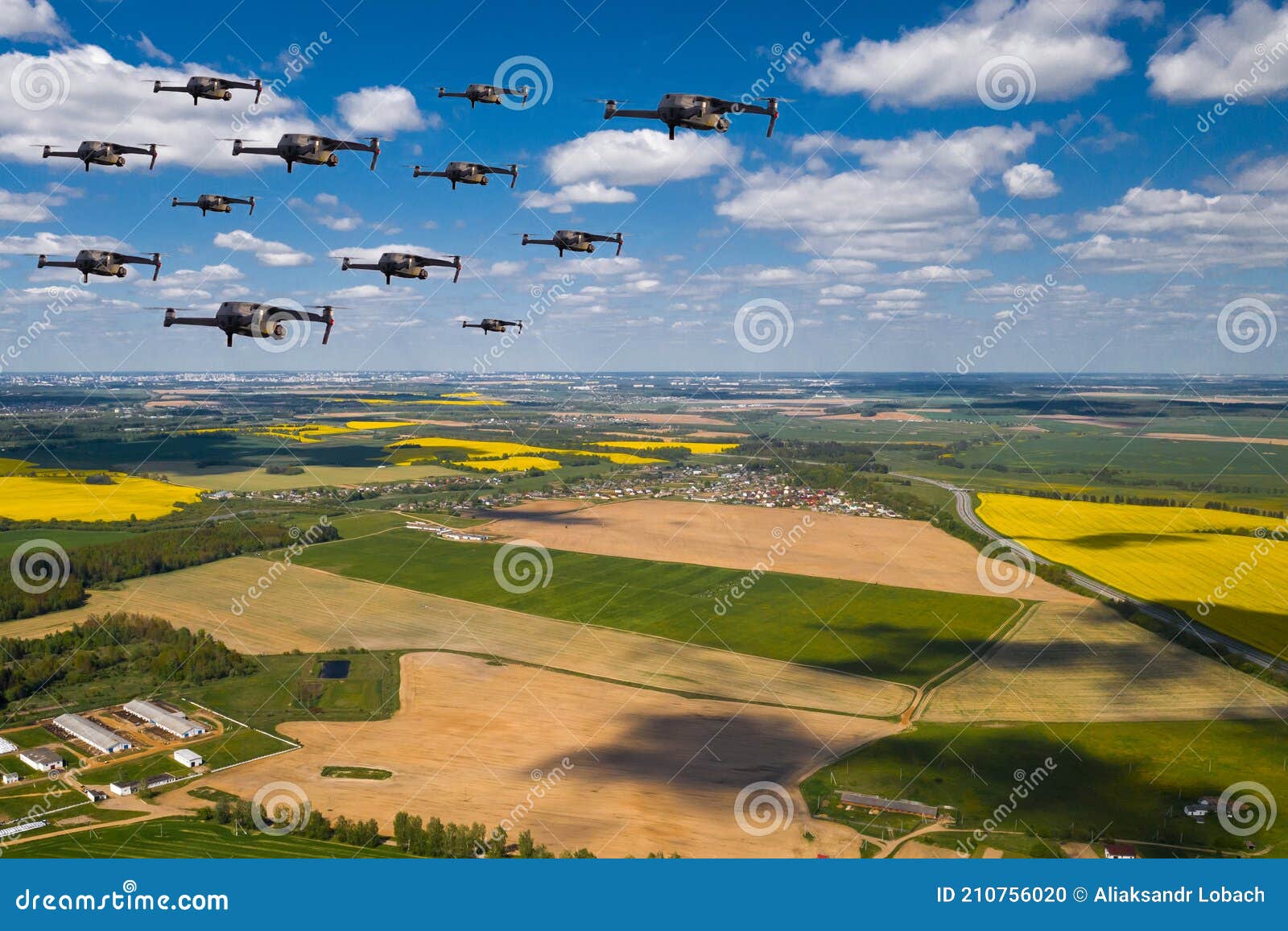 Drones Fly Over the Fields. Natural Landscape with Drones and ...