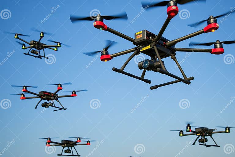 Drones Flying in Formation Above a Clear Blue Sky during a Technology ...