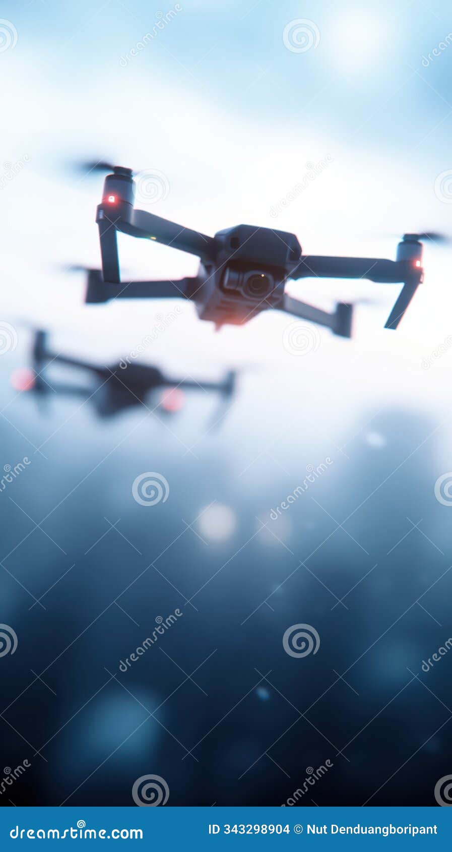 Drones Flying in Misty Urban Environment, Showcasing Advanced ...