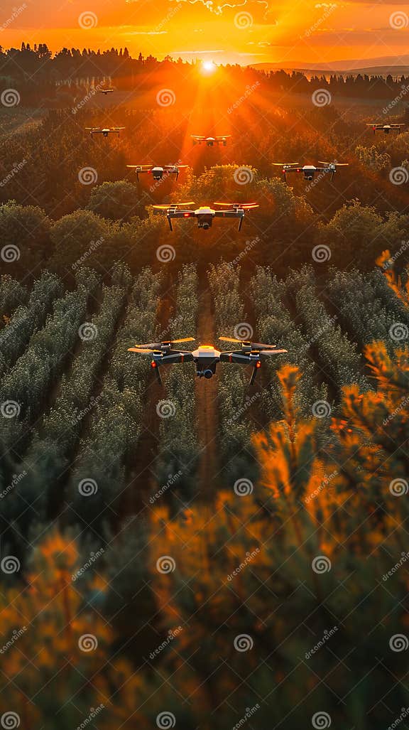 Drones Flying Over a Field at Sunset Stock Image - Image of field ...