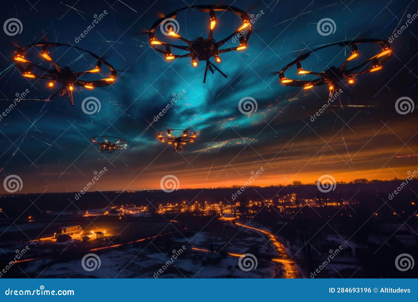 Drones Forming a Dynamic Light Show in the Night Sky Stock Illustration ...