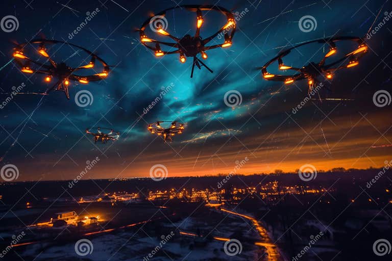 Drones Forming a Dynamic Light Show in the Night Sky Stock Photo ...
