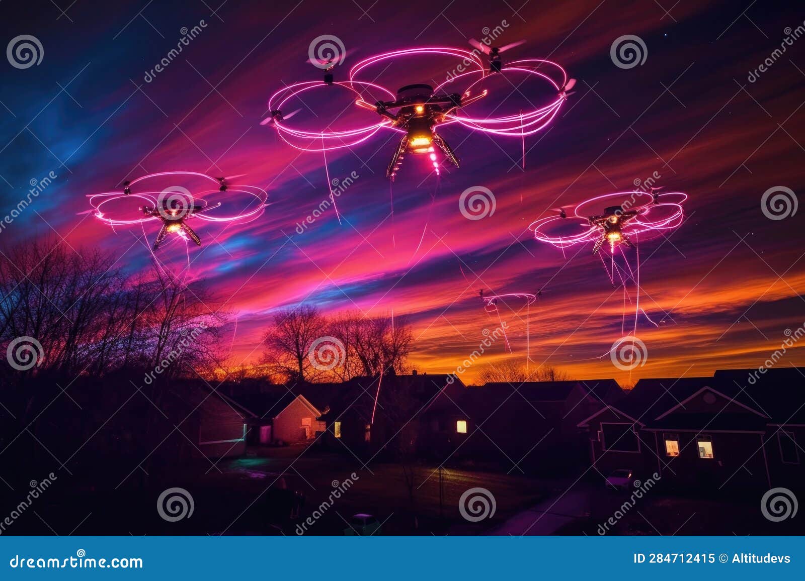 Drones Forming a Dynamic Light Show in the Night Sky Stock Illustration ...