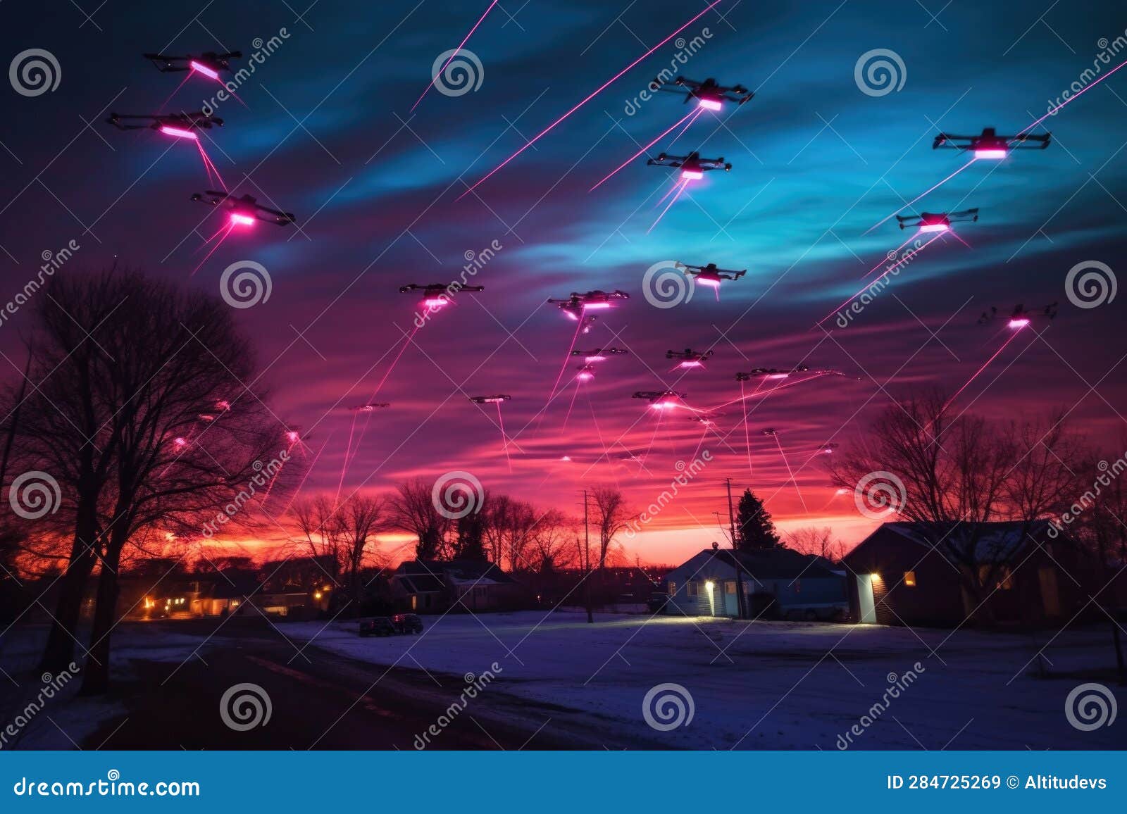 Drones Forming a Dynamic Light Show in the Night Sky Stock Illustration ...