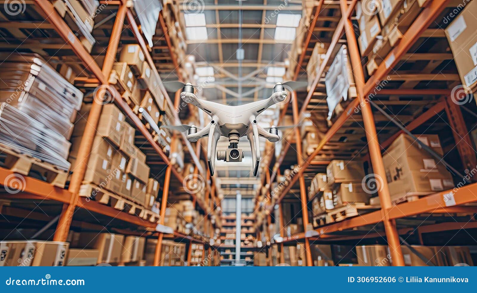 Drones Hovering Over Aisles in a Warehouse, Diligently Scanning ...