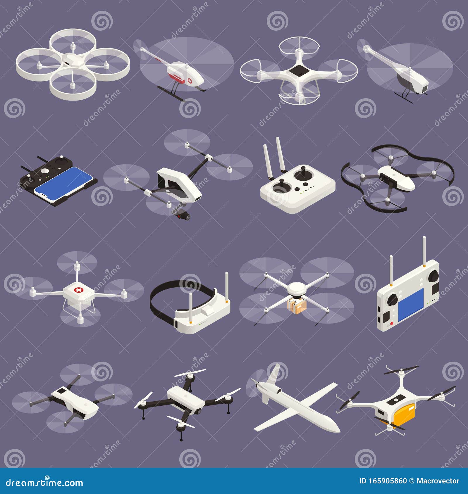 Drones Isometric Set stock vector. Illustration of copter - 165905860