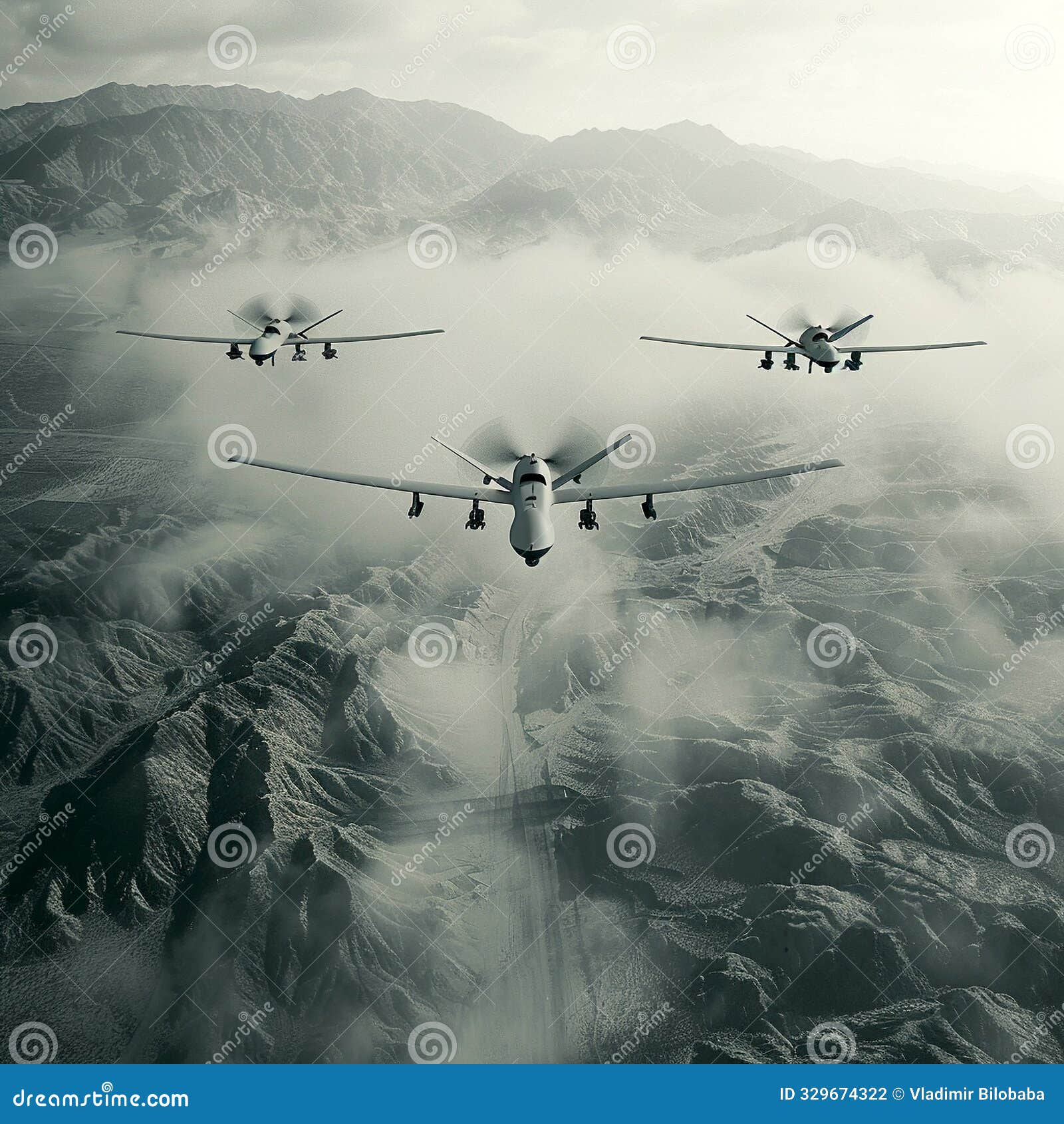 Three Military Drones Flying Over Rugged Mountain Landscape during ...