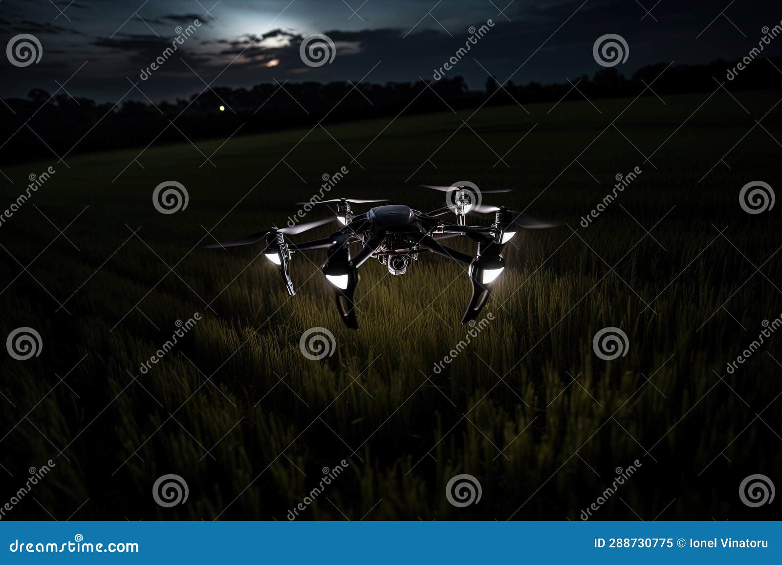 Drones at Night Flying Over Vast Agricultural Fields, Advanced Farming ...