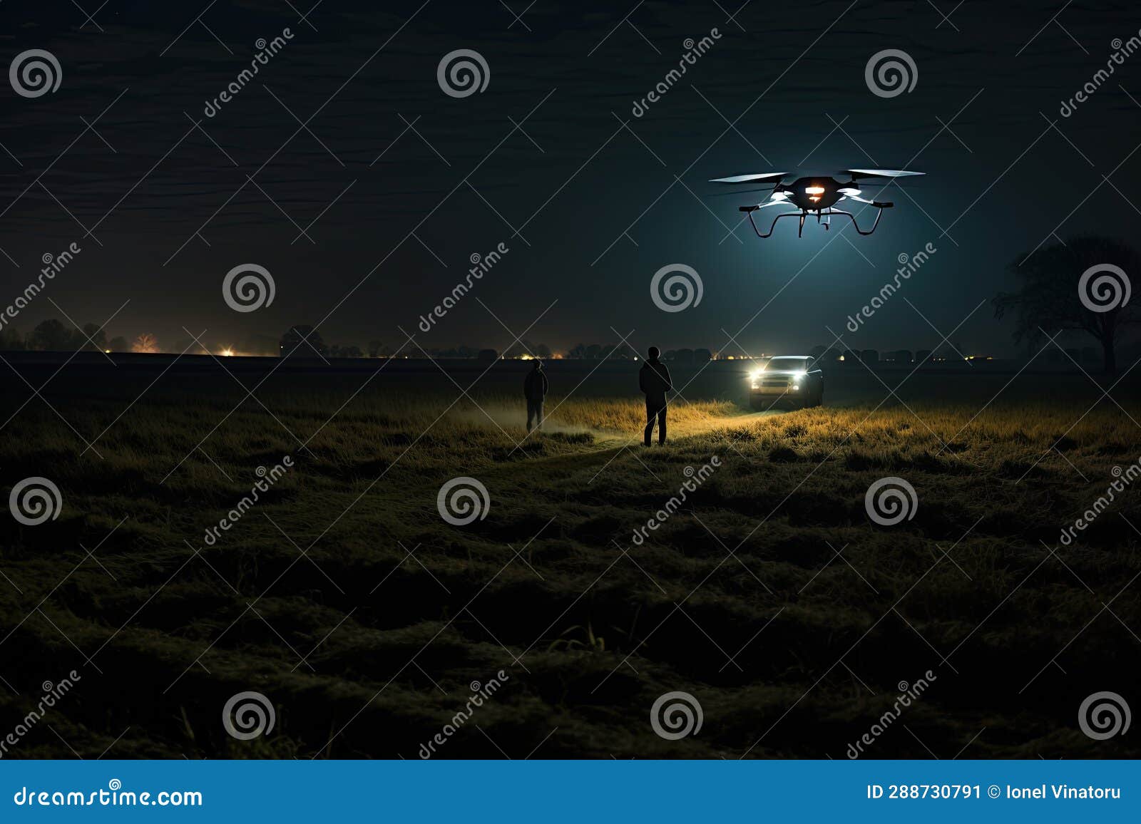 Drones at Night Flying Over Vast Agricultural Fields, Advanced Farming ...