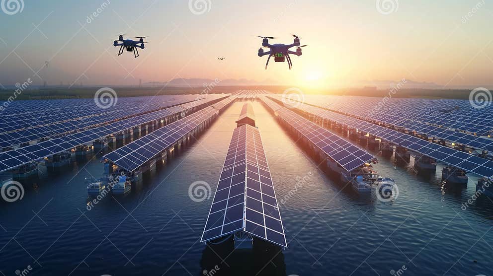 Drones Over Solar Panel Farm at Sunrise Capturing Renewable Energy ...