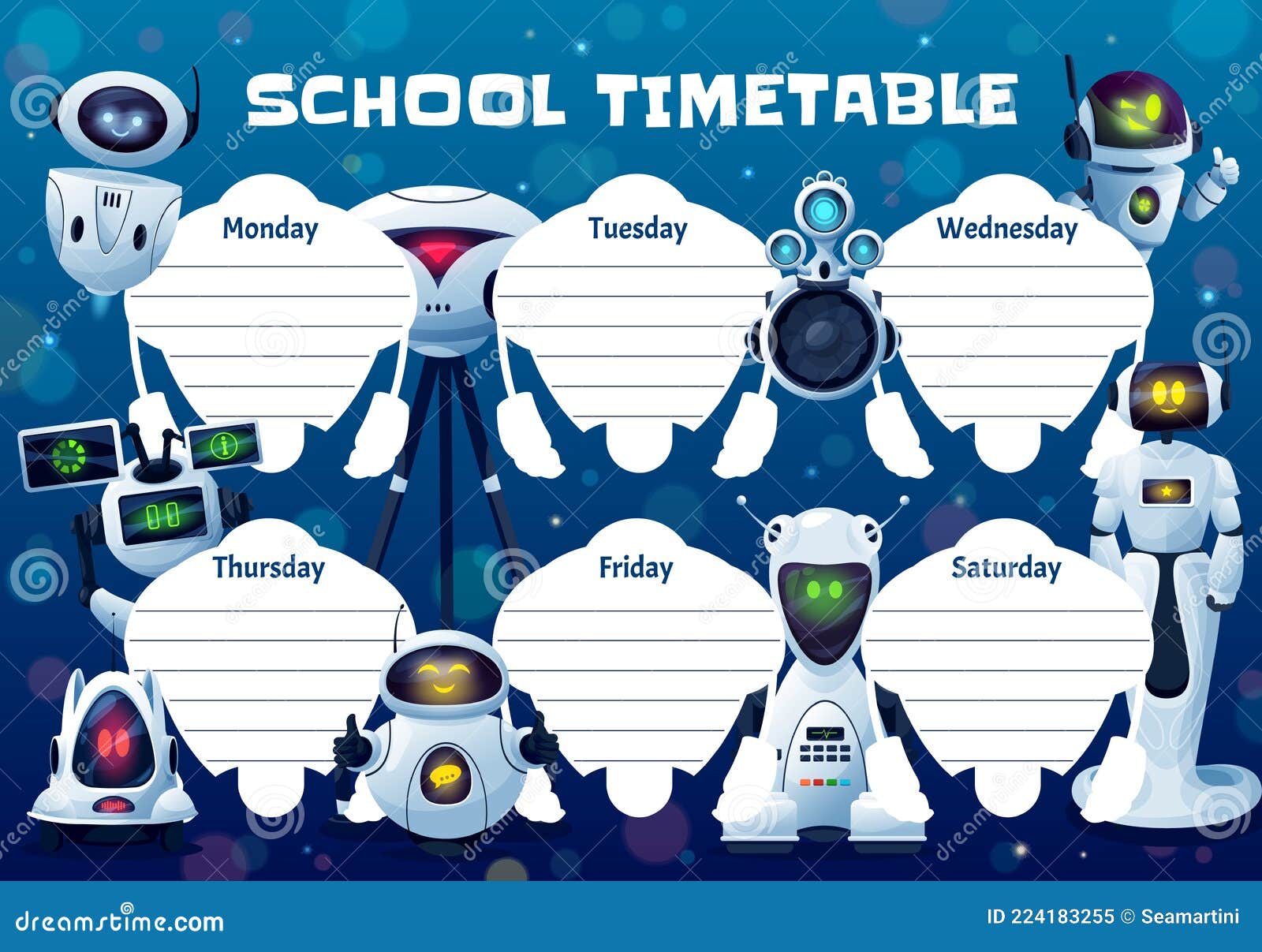 Drones, Robots and Androids School Timetable. Stock Vector - Illustration of table, timetable ...