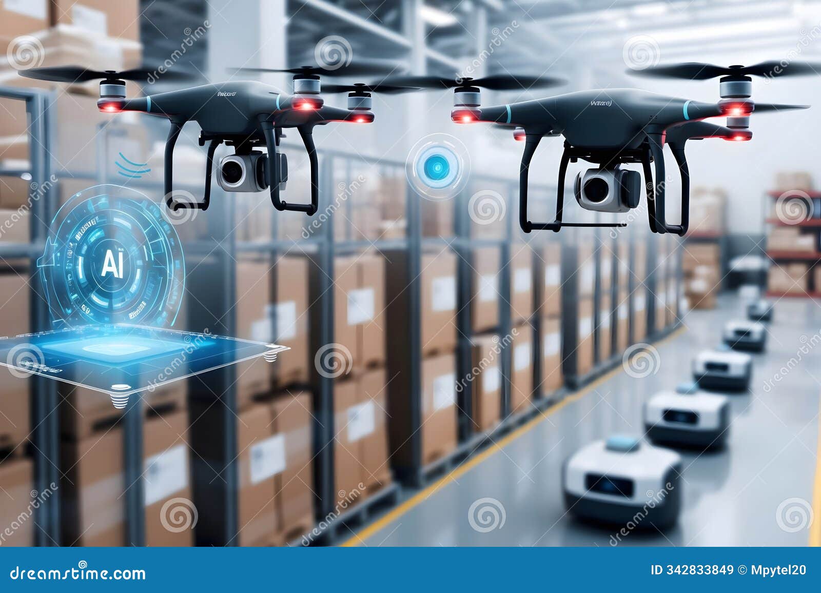 Drones and Robots in a Smart Warehouse Stock Illustration ...