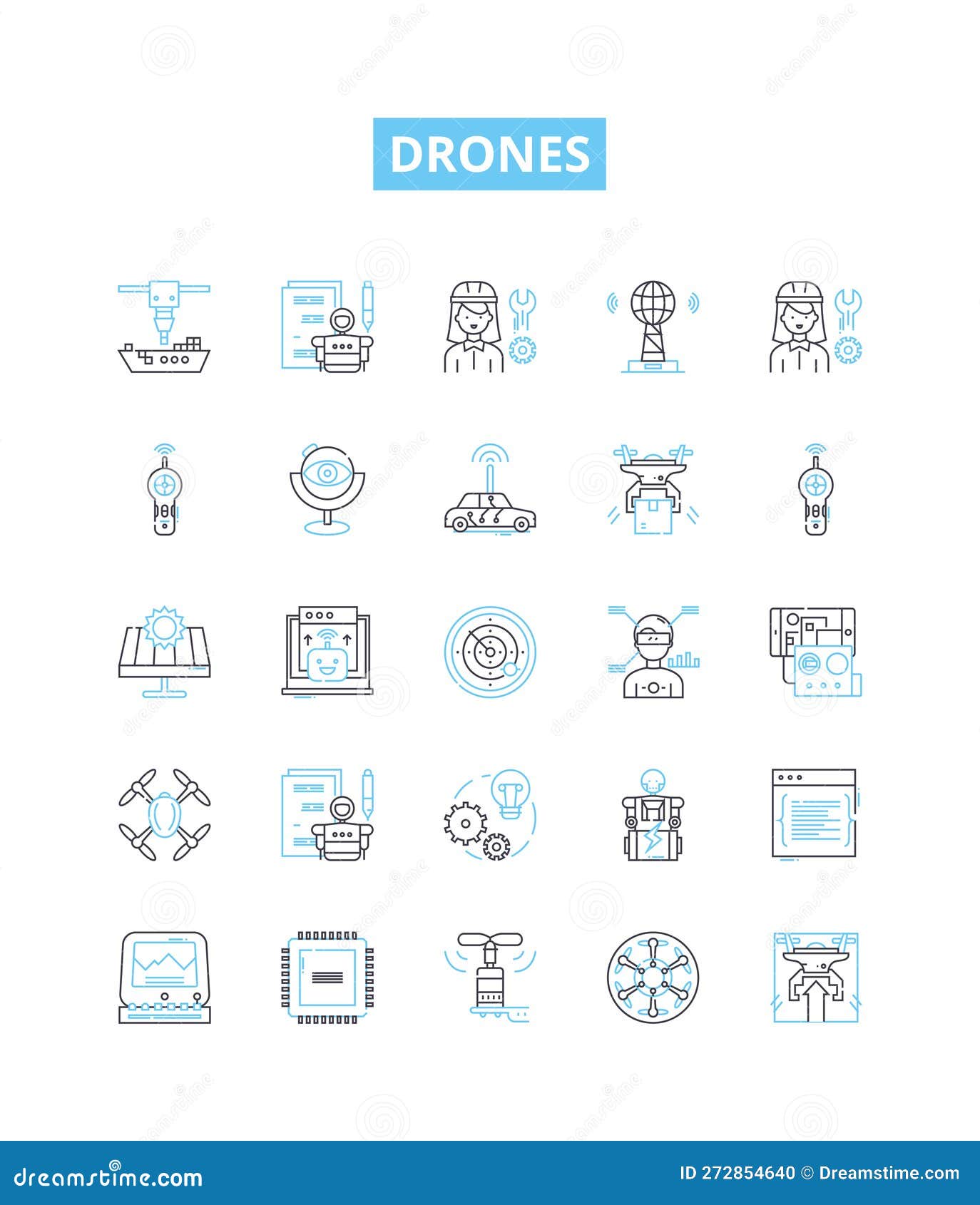 Drones Vector Line Icons Set. Drones, Quadcopters, UAVs, Flying Robots ...