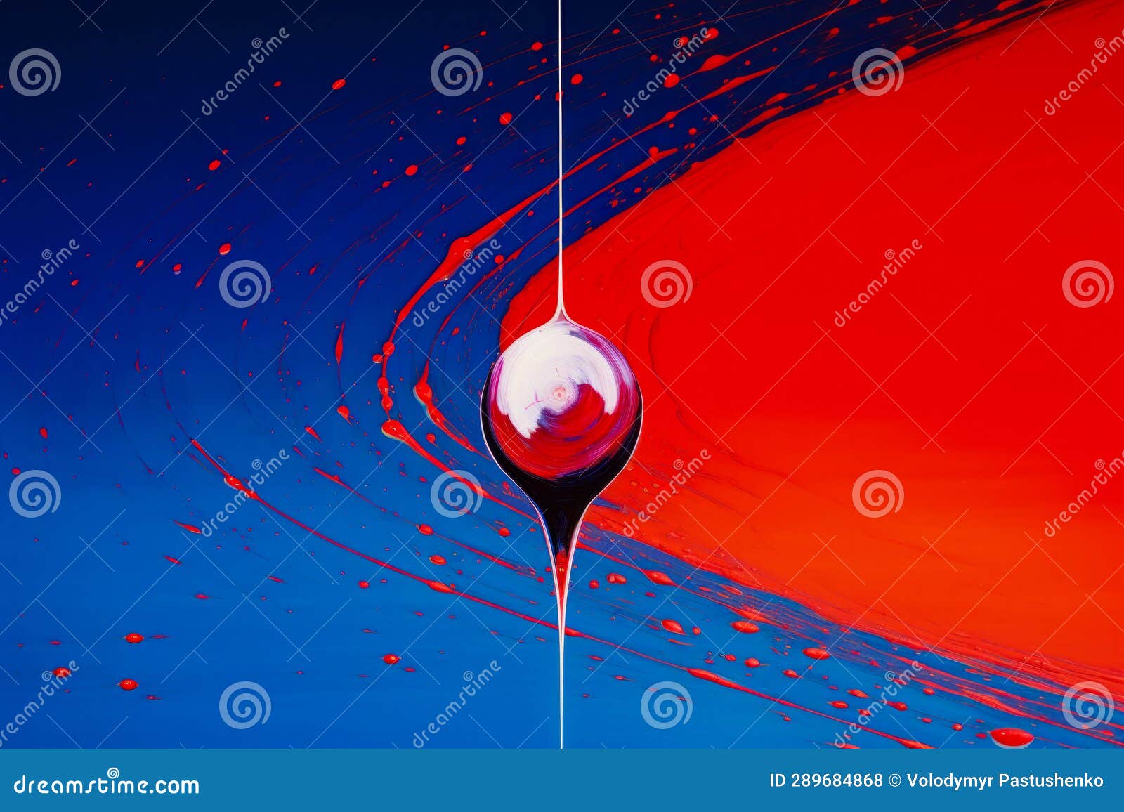 Drop of Liquid is Hanging from String on Blue and Red Background ...