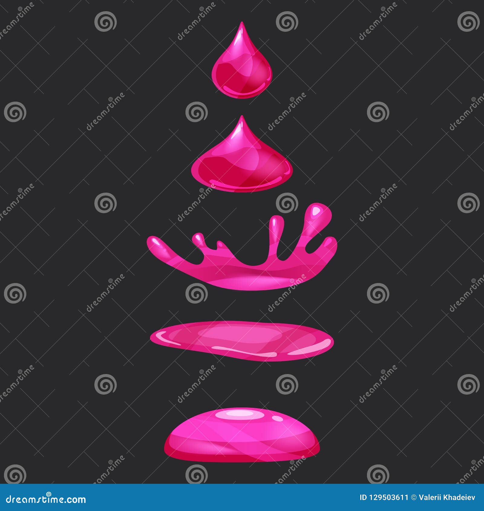 Drop of Liquid, Water Falls and Makes a Splash, Pink Colour. Phases ...