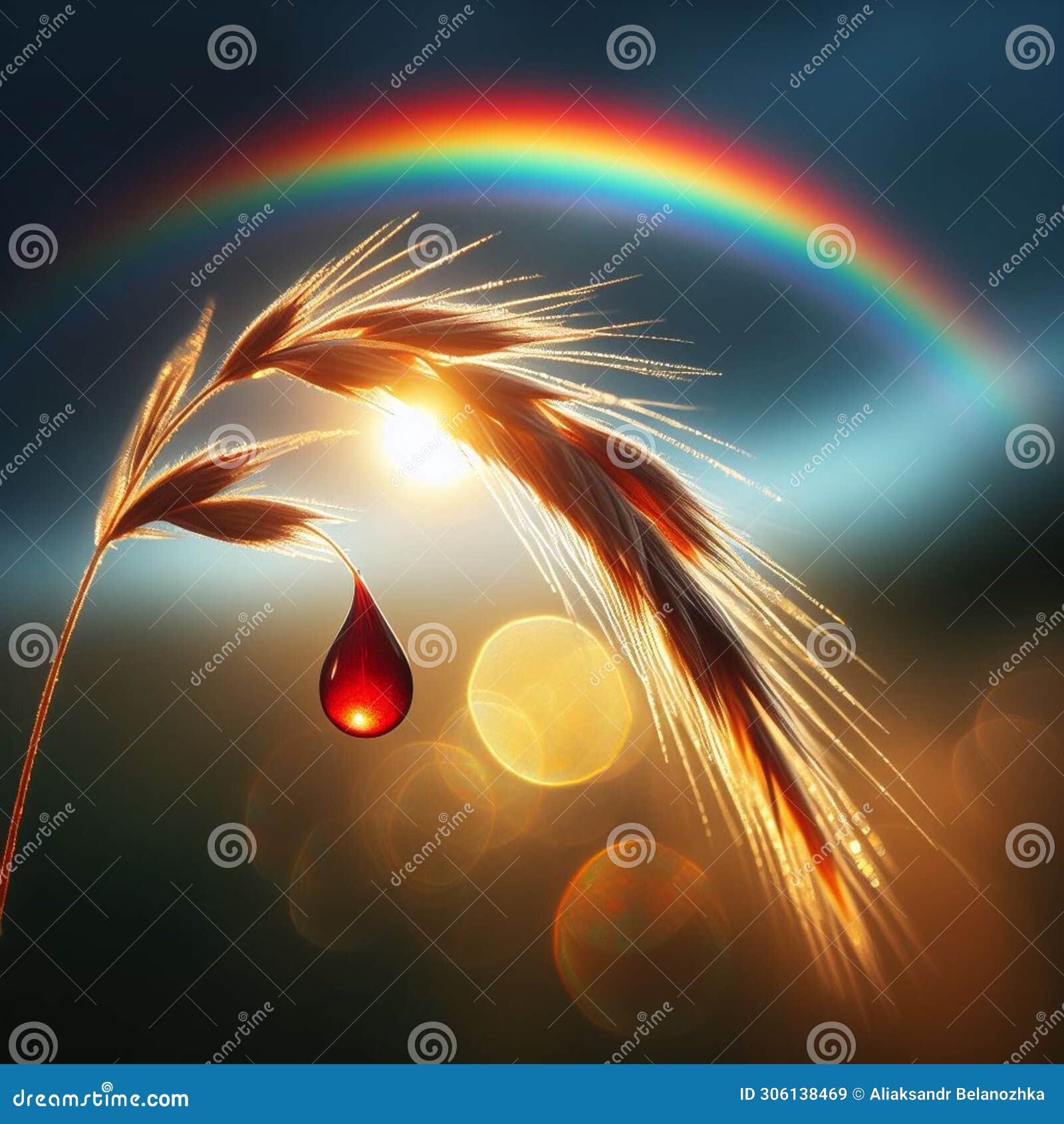 A Drop of Water on a Blade of Wheat with a Rainbow in the Background ...