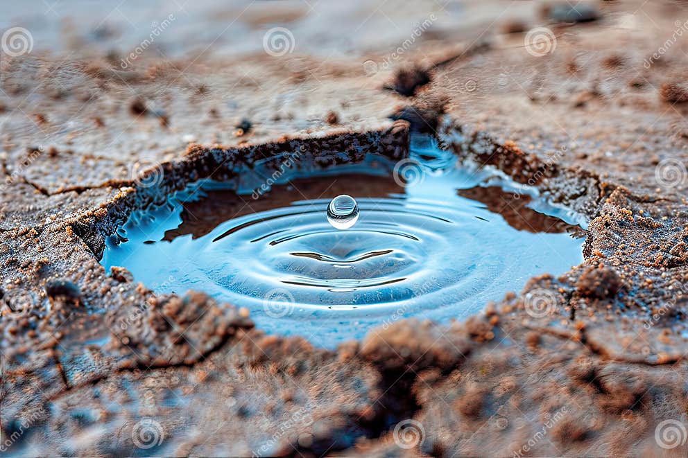A Drop of Water Falls into a Puddle, Making Ripples on Surface Stock ...