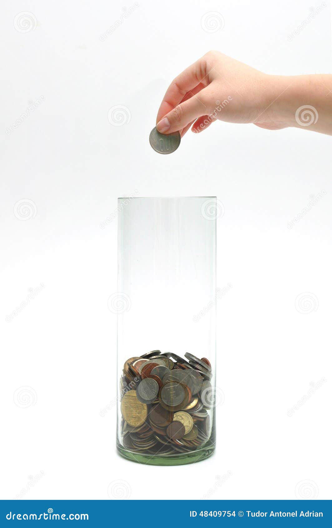Dropping Coin into Glass Jar Stock Photo - Image of budget, coin: 48409754