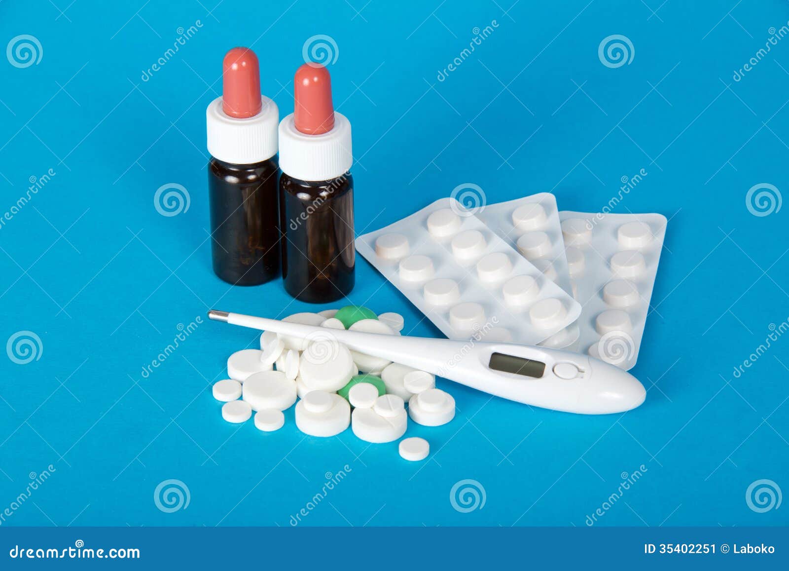 Drops, Tablets and a Thermometer Stock Image - Image of dosage ...