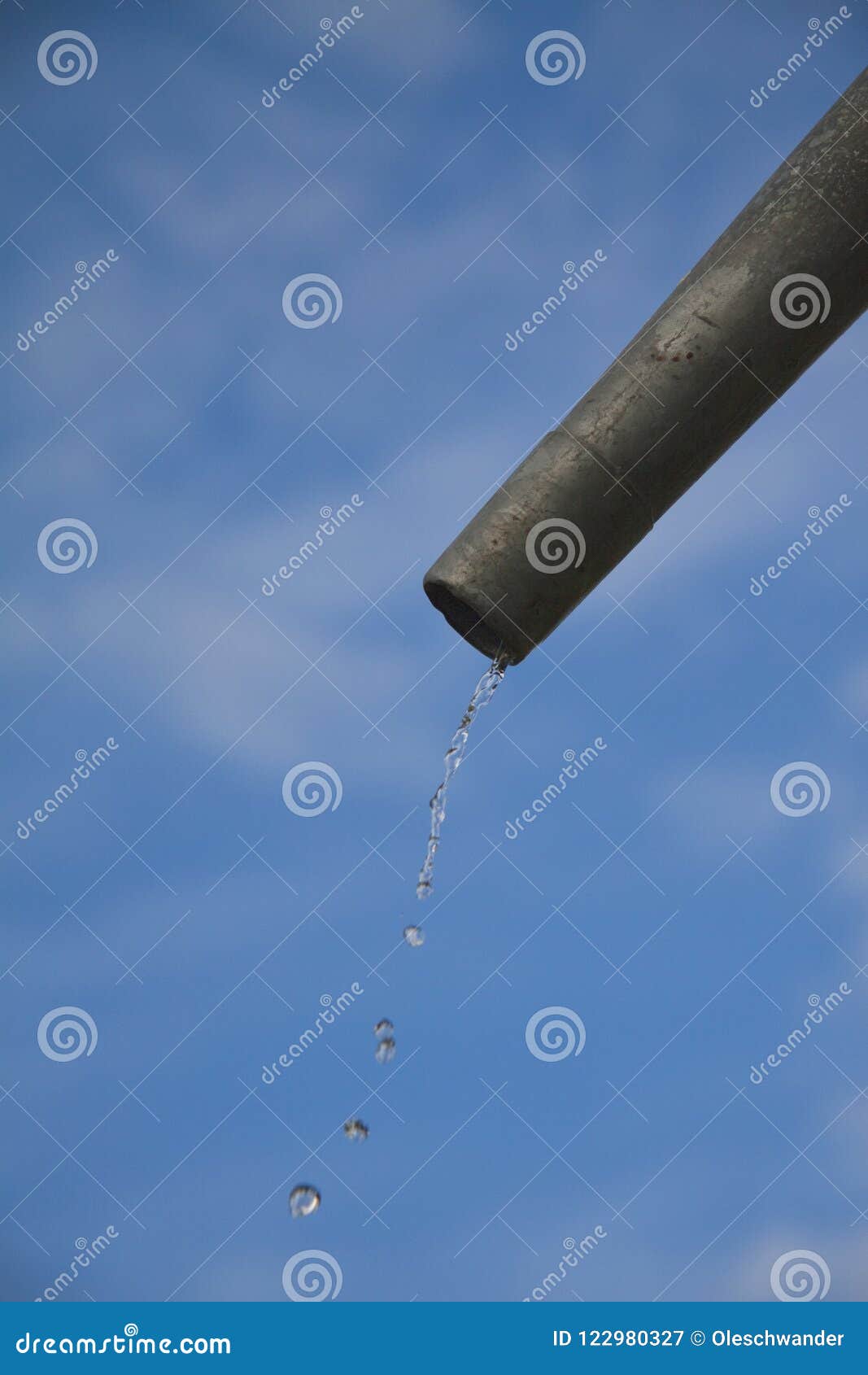 Drops of Water Flowing from Pipe - Close Up with Blue Sky. Concept for ...