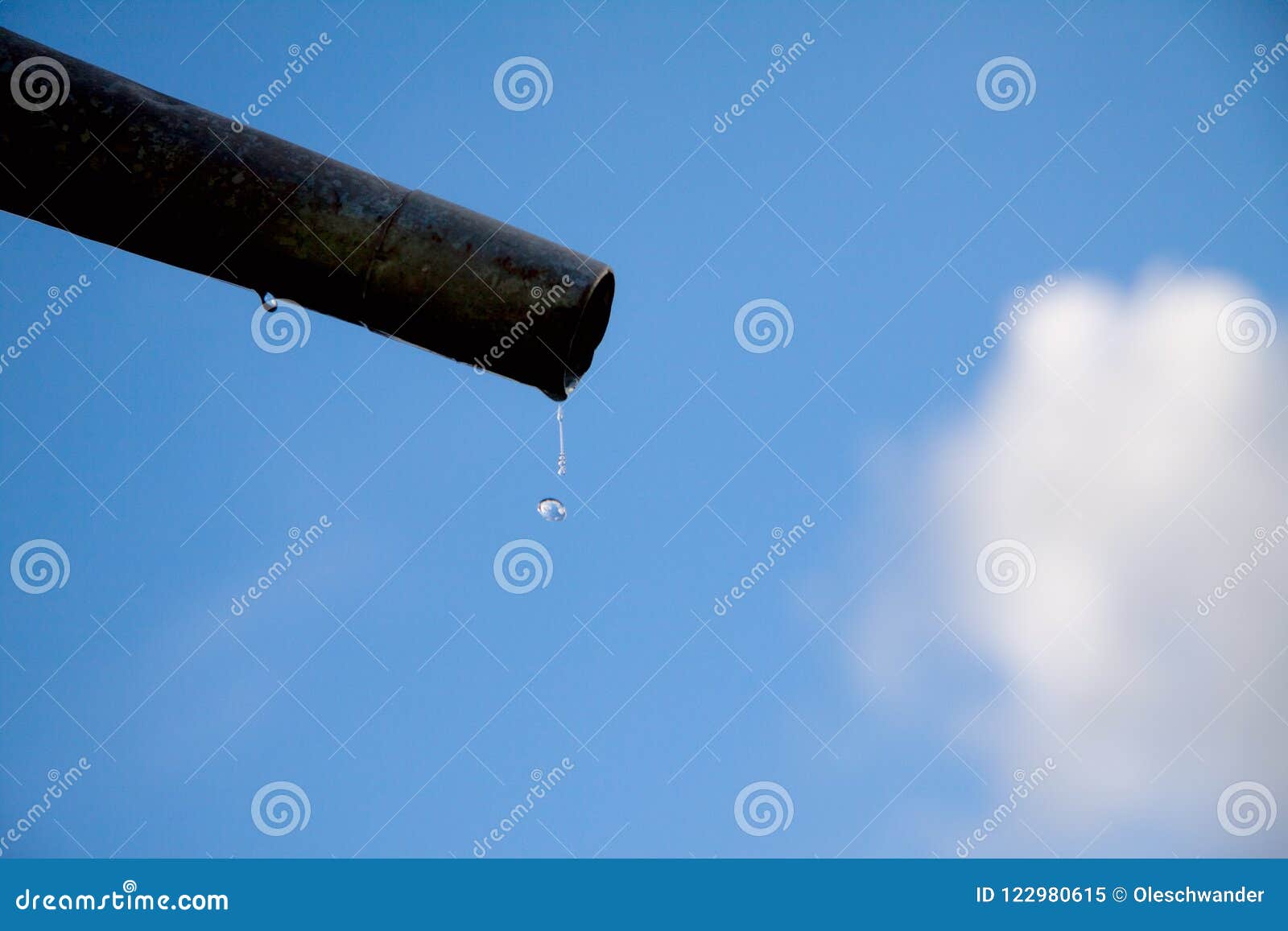 Drops of Water Flowing from Pipe - Close Up with Blue Sky. Concept for ...