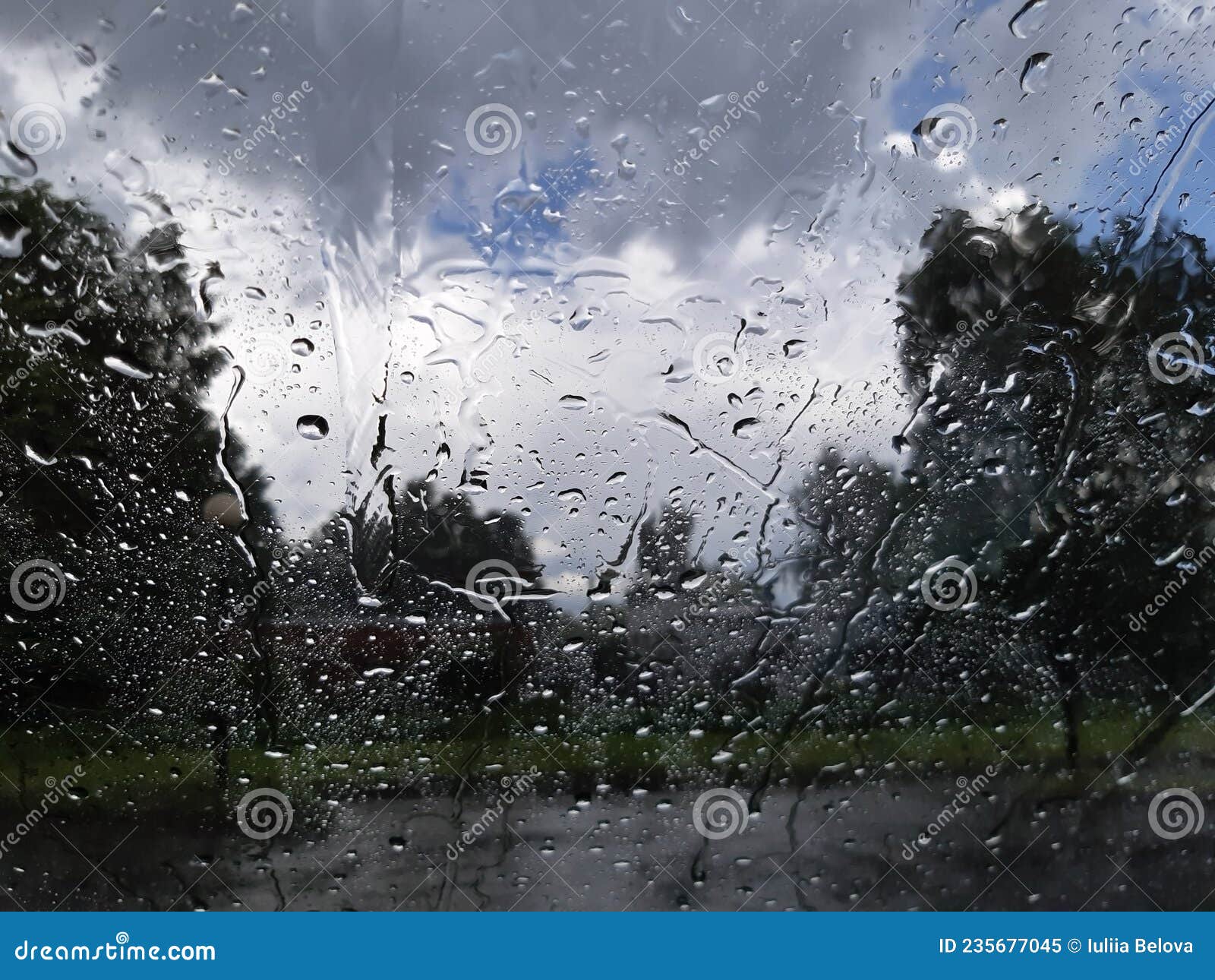 Drops on Window Glass after Heavy Rain and Thunderstorm. Rural Scene ...