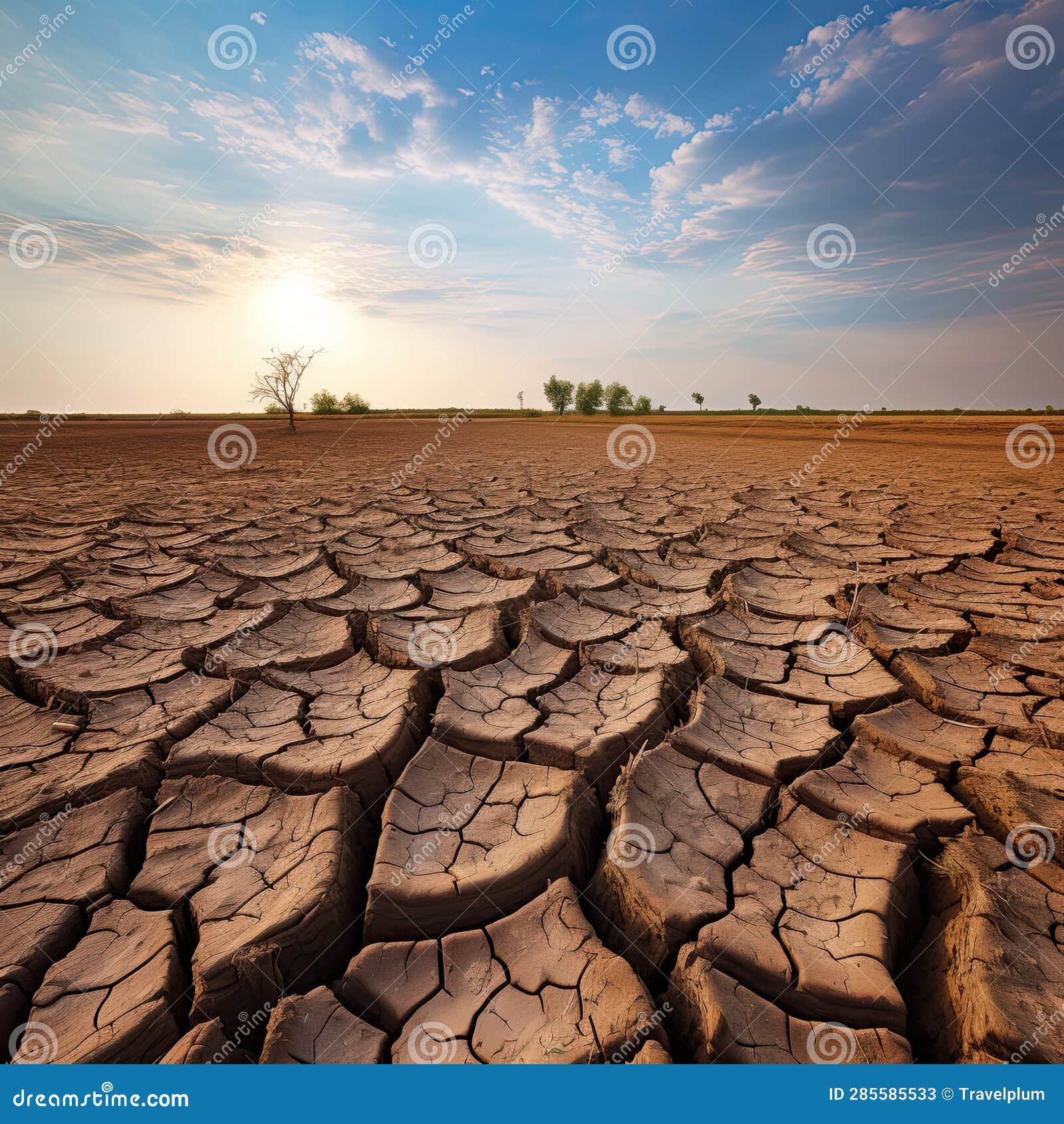 A Cracked, Dry Riverbed Under A Cloudy Sky, Symbolizing Drought And ...