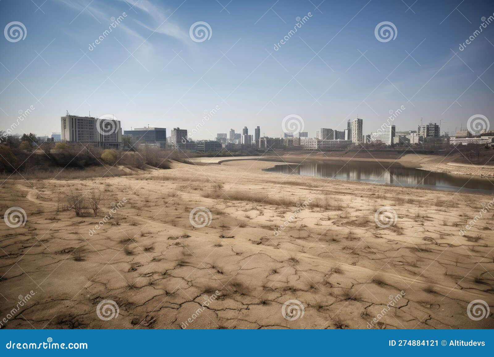 Drought-stricken City, with View of Dried-up River and Empty Reservoir ...