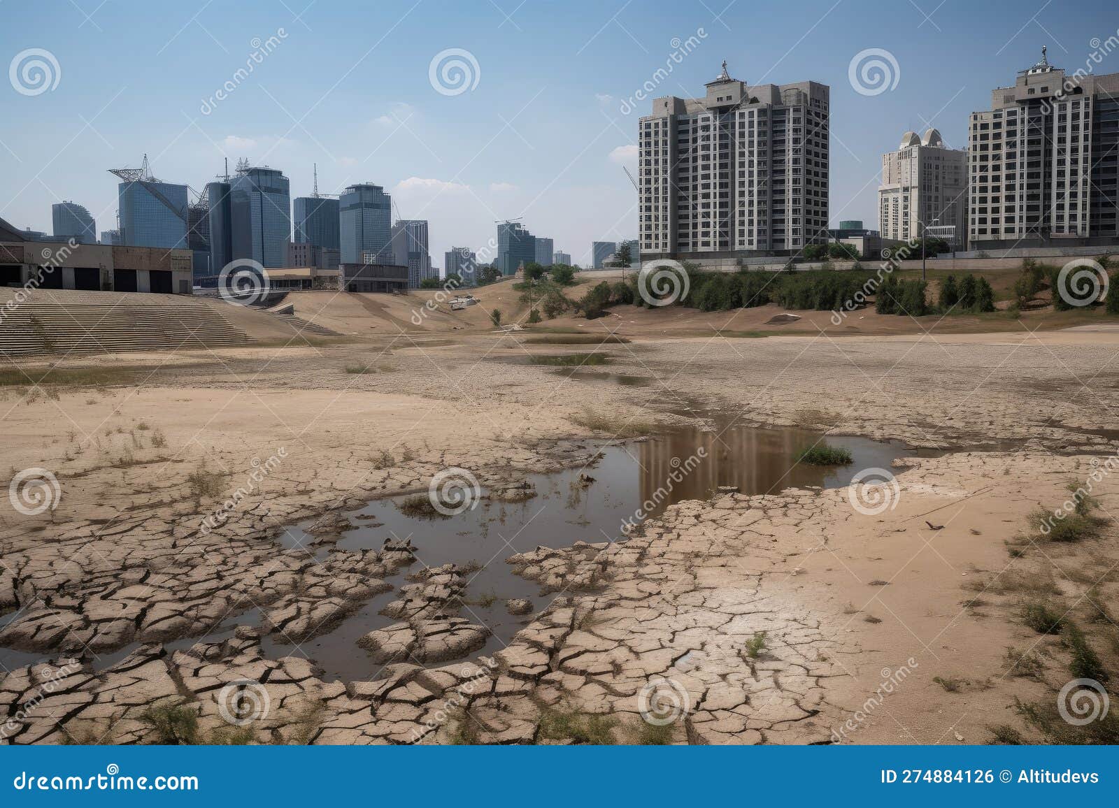 Drought-stricken City, with View of Dried-up River and Empty Reservoir ...