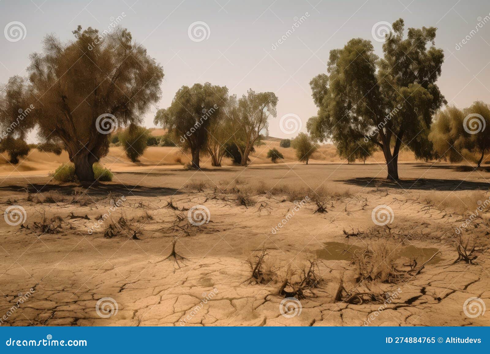 Drought-stricken Ecosystem, with Trees and Crops Wilting in the Heat ...