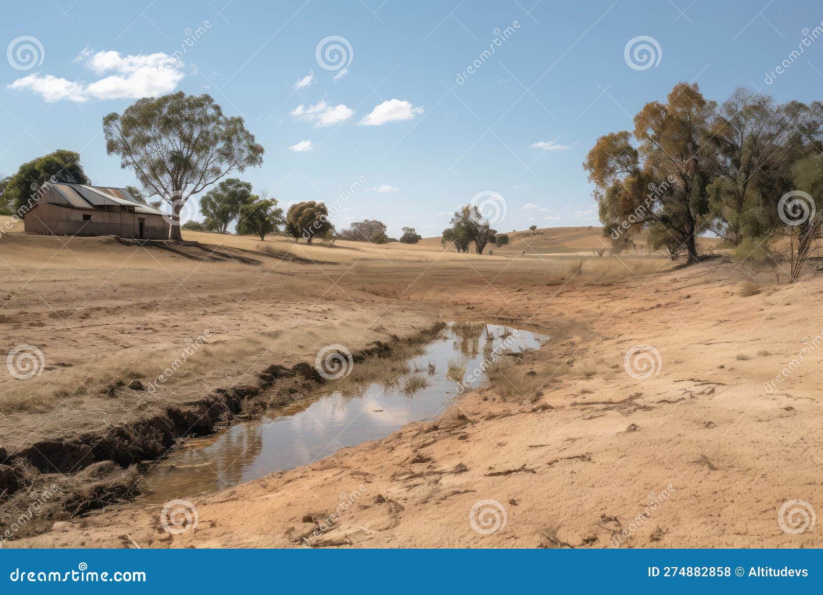 A Drought-stricken Farm, with Withered Crops and Dried Up Pond Stock ...