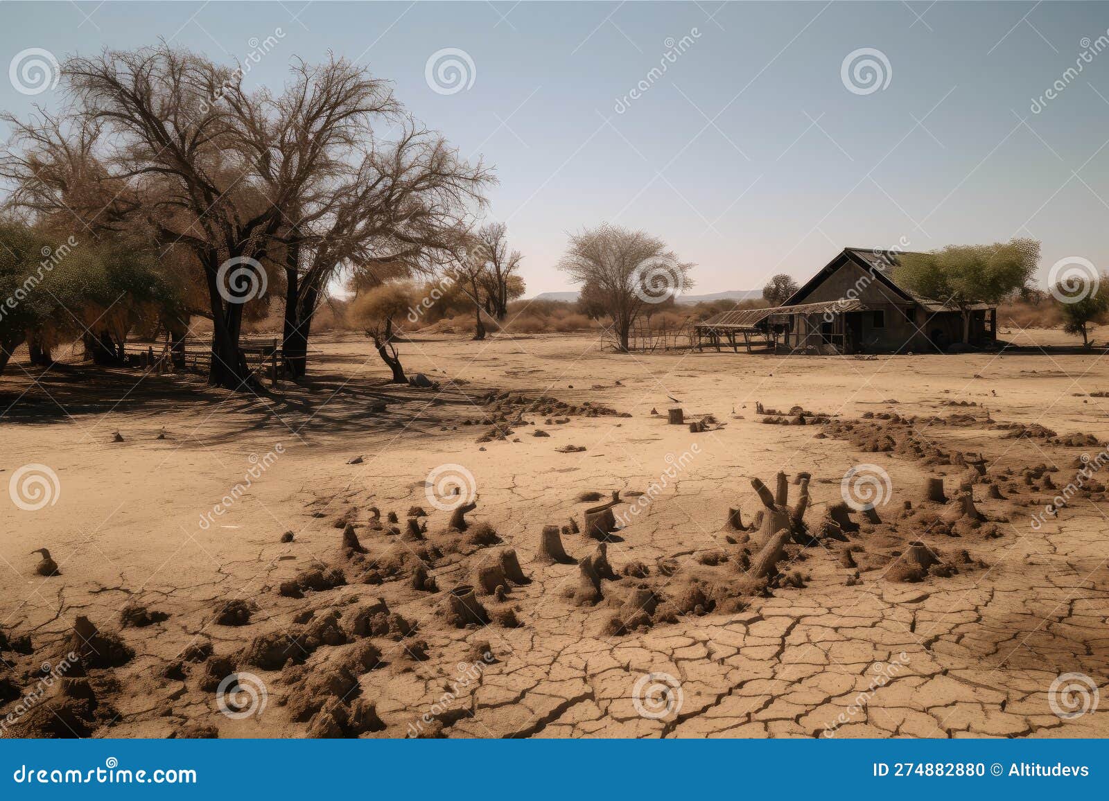 A Drought-stricken Farm, with Withered Crops and Dried Up Pond Stock ...