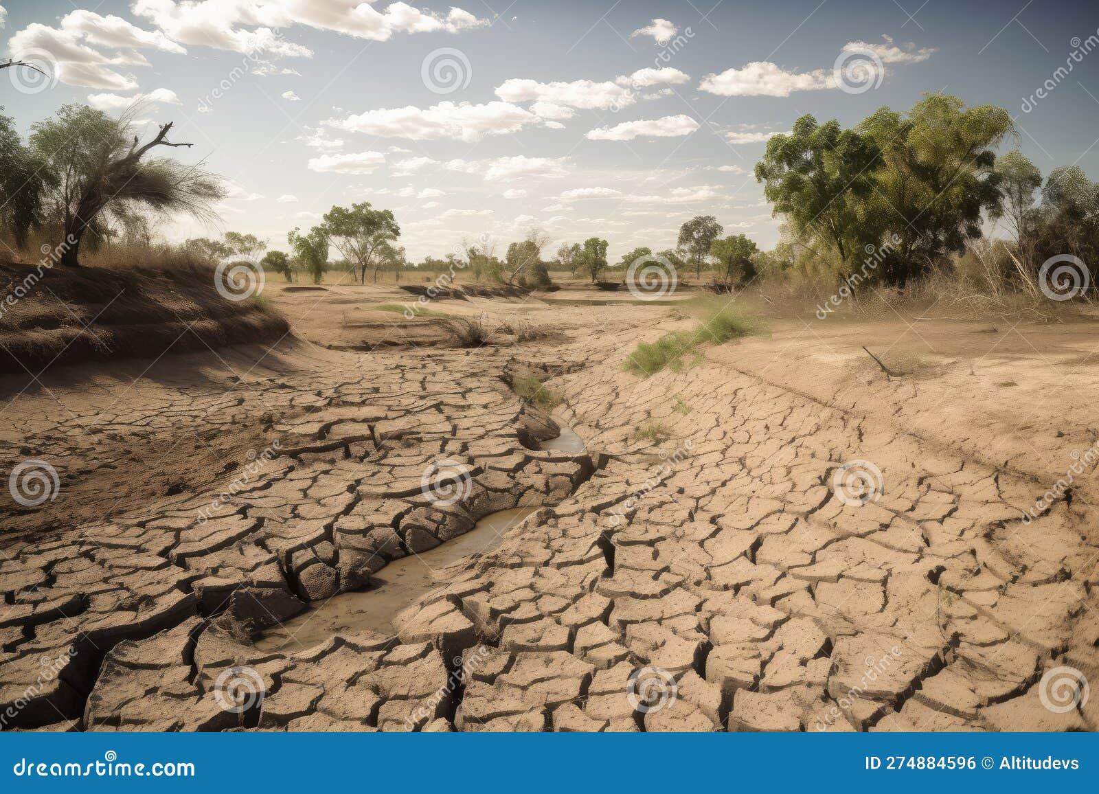 Drought-stricken Land, with Dried Up River and Cracked Earth Visible ...