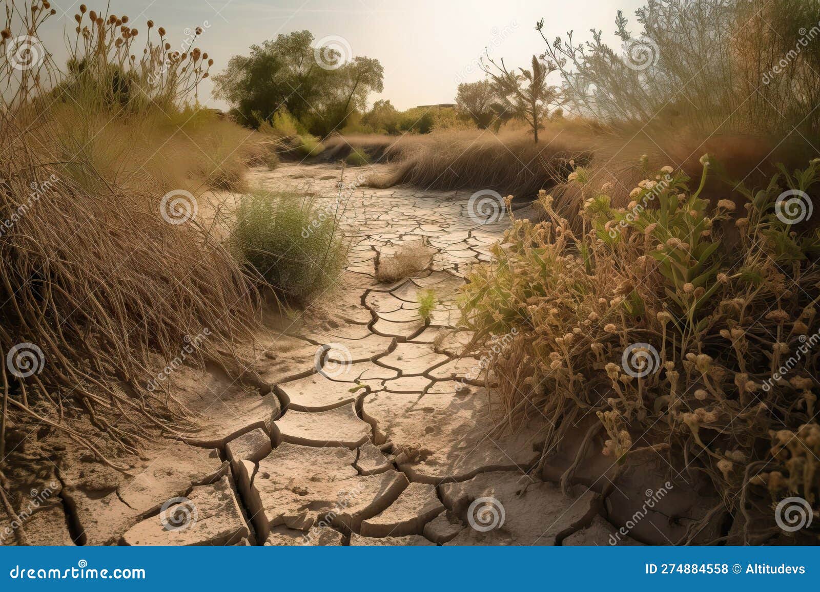Drought-stricken Landscape, with Cracked Earth and Dried Plants Stock ...