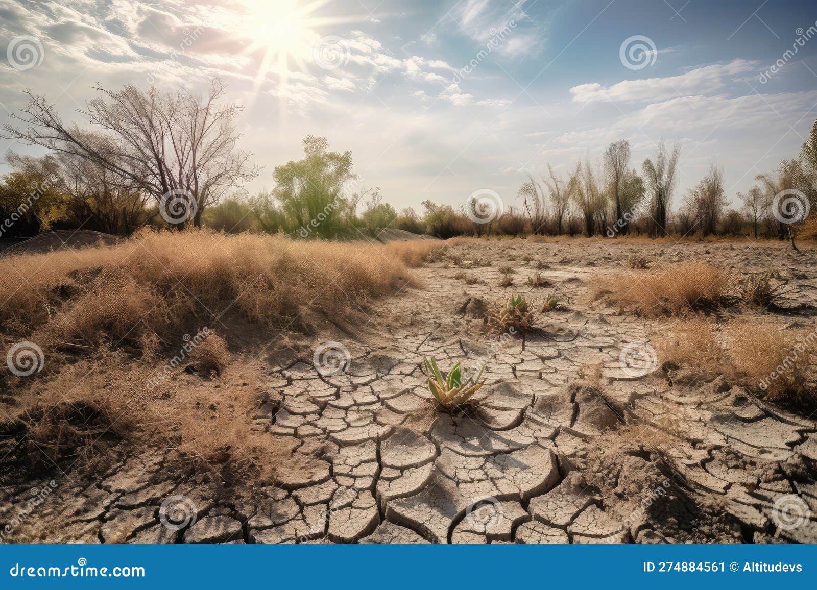 Drought-stricken Landscape, with Cracked Earth and Dried Plants Stock ...
