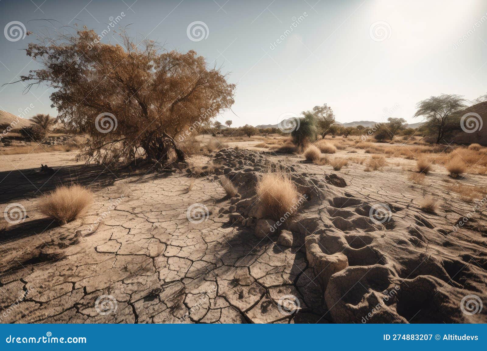 Drought-stricken Landscape, with Cracked Earth and Dried Vegetation ...