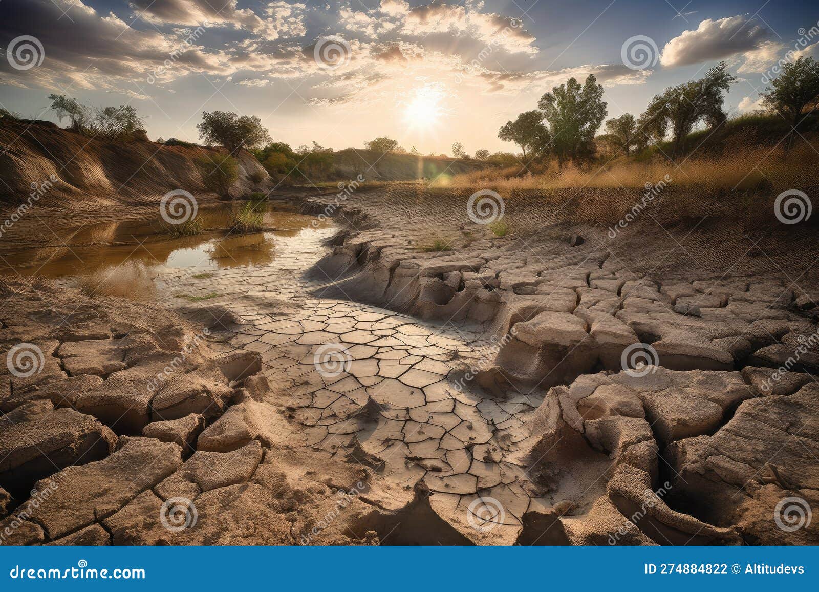 Drought-stricken Landscape with Dried Up River and Cracked Earth Stock ...