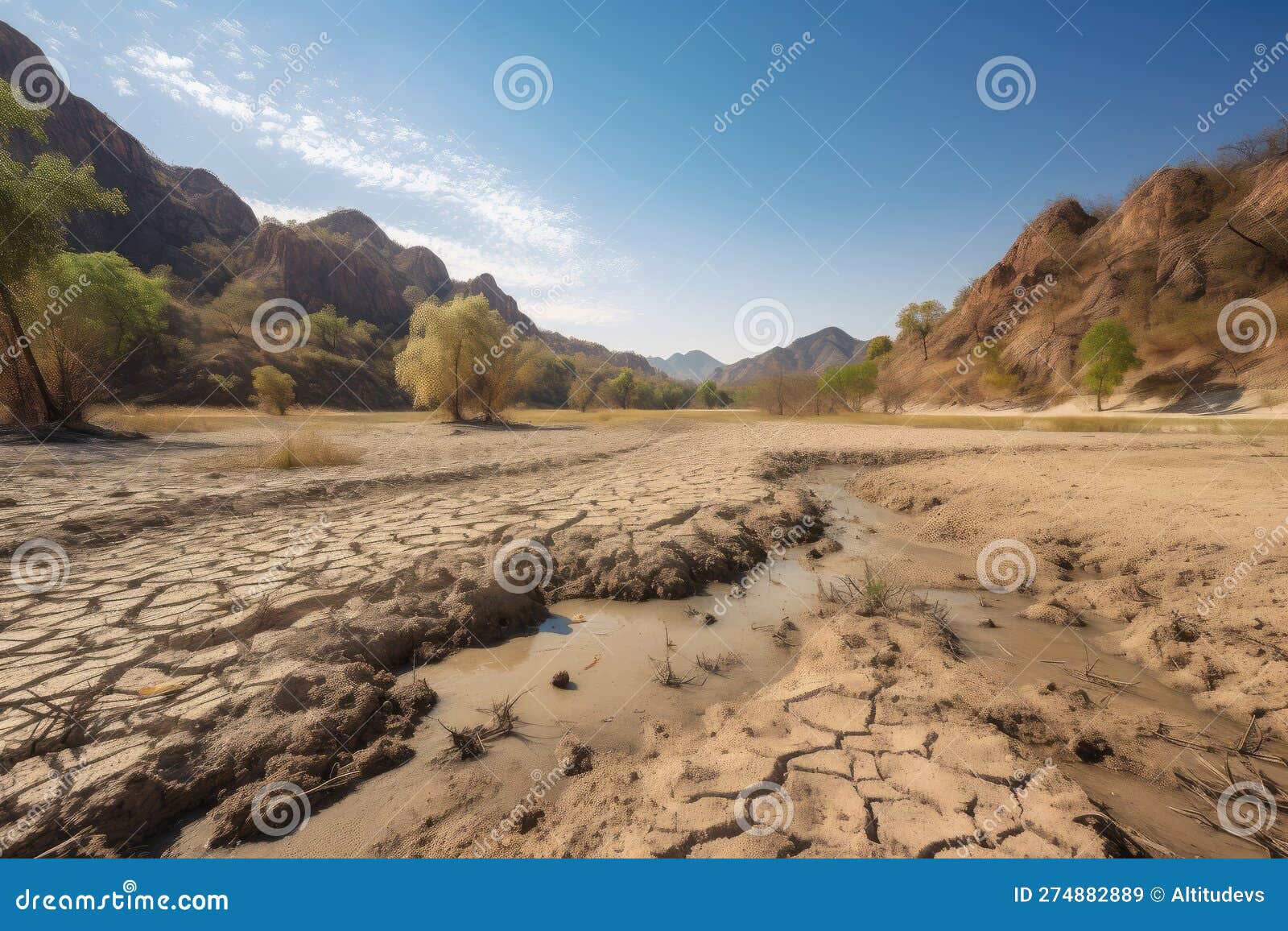 Drought-stricken Landscape with Dried-up Riverbed and Cracked Earth ...