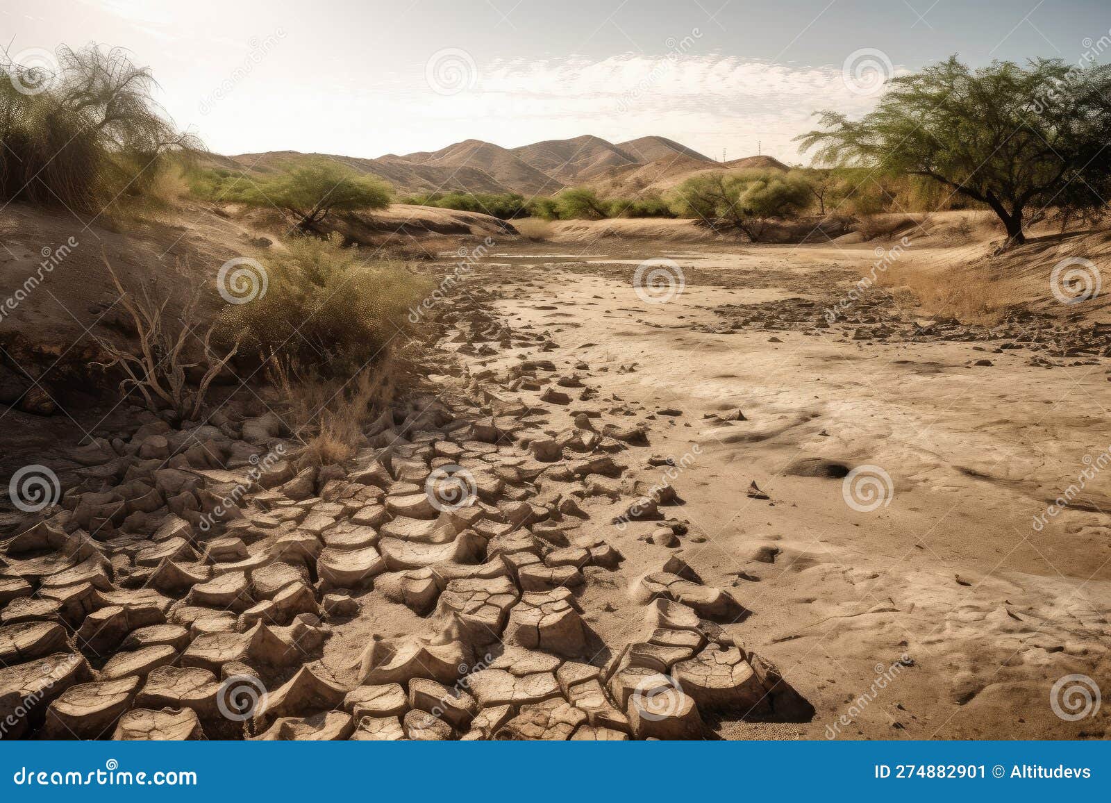 Drought-stricken Landscape with Dried-up Riverbed and Cracked Earth ...