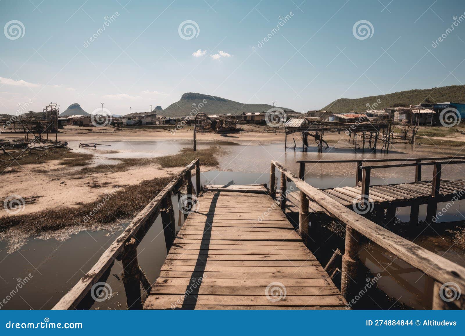 Drought-stricken Town, with Dried Up Lake and Empty Pier Stock ...