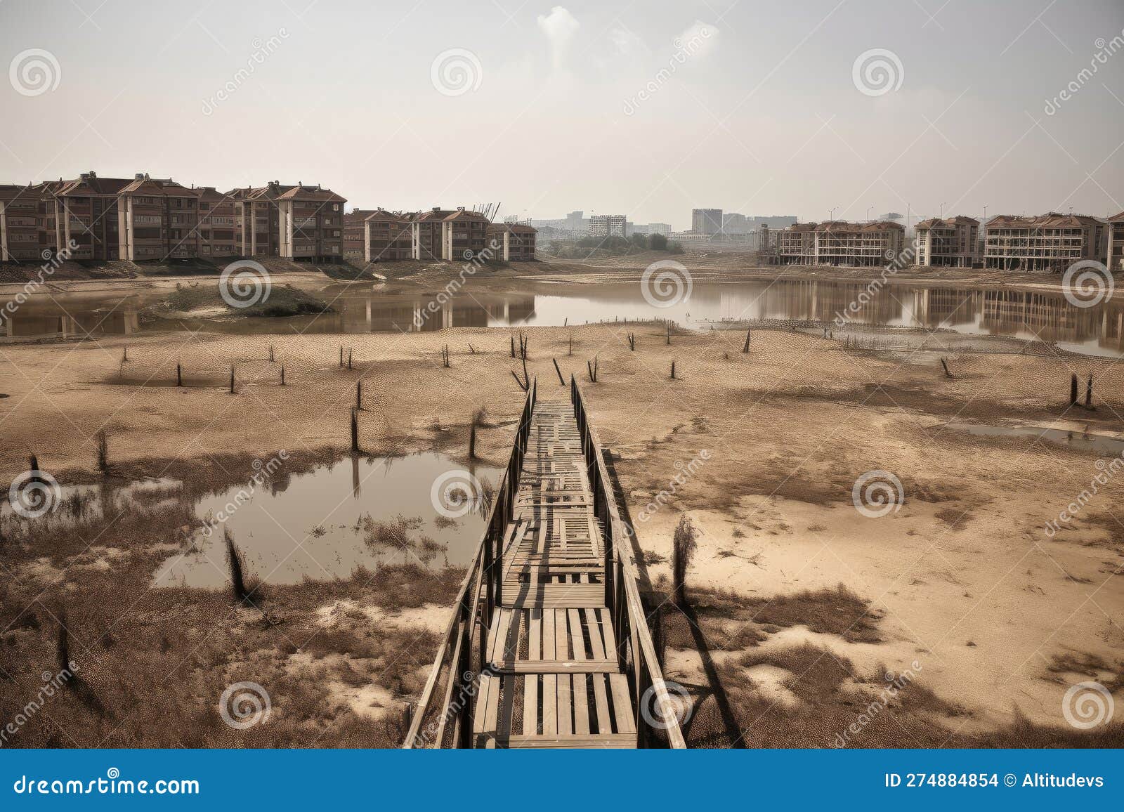 Drought-stricken Town, with Dried Up Lake and Empty Pier Stock ...