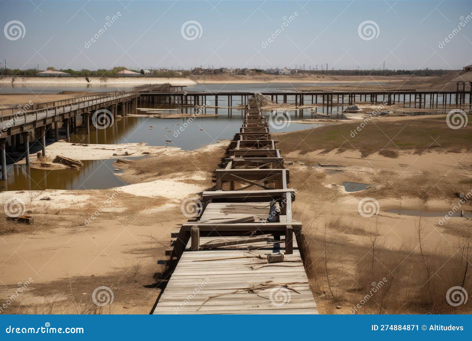 Drought-stricken Town, with Dried Up Lake and Empty Pier Stock Image ...