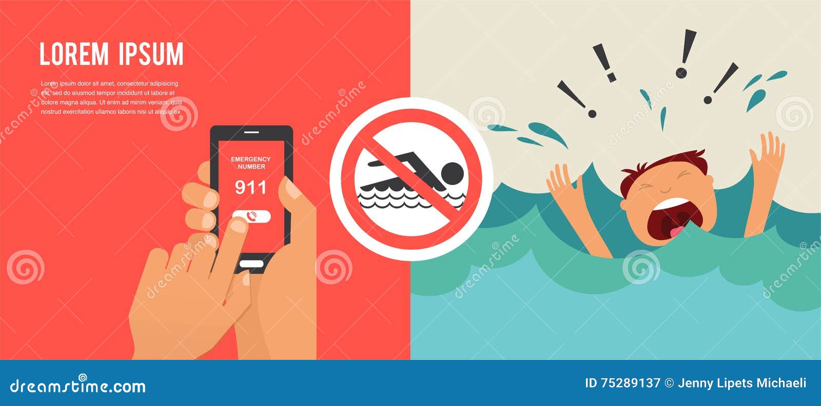 Drowning Man Screaming for Help. Hands Press Emergency Number 911 on a ...