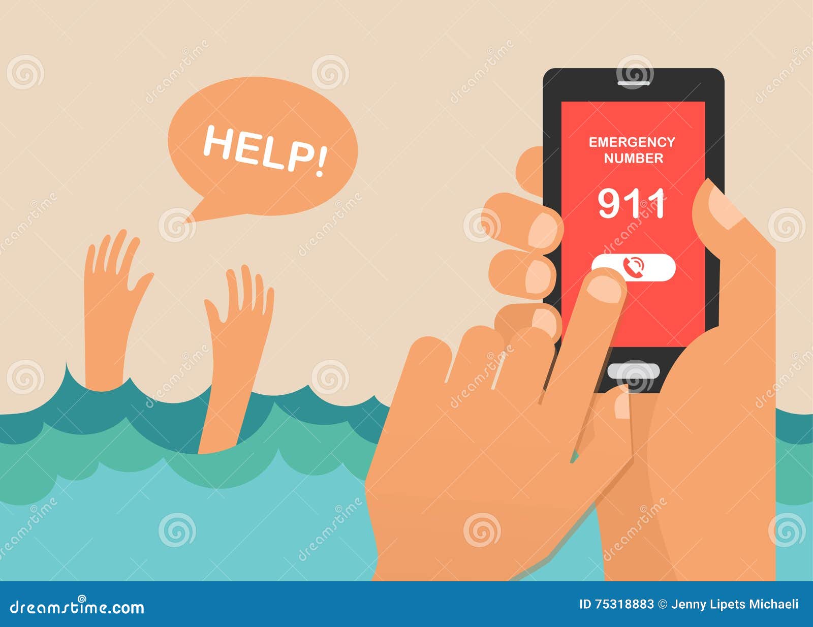 Drowning Man Screaming for Help. Hands Press Emergency Number 911 on a ...