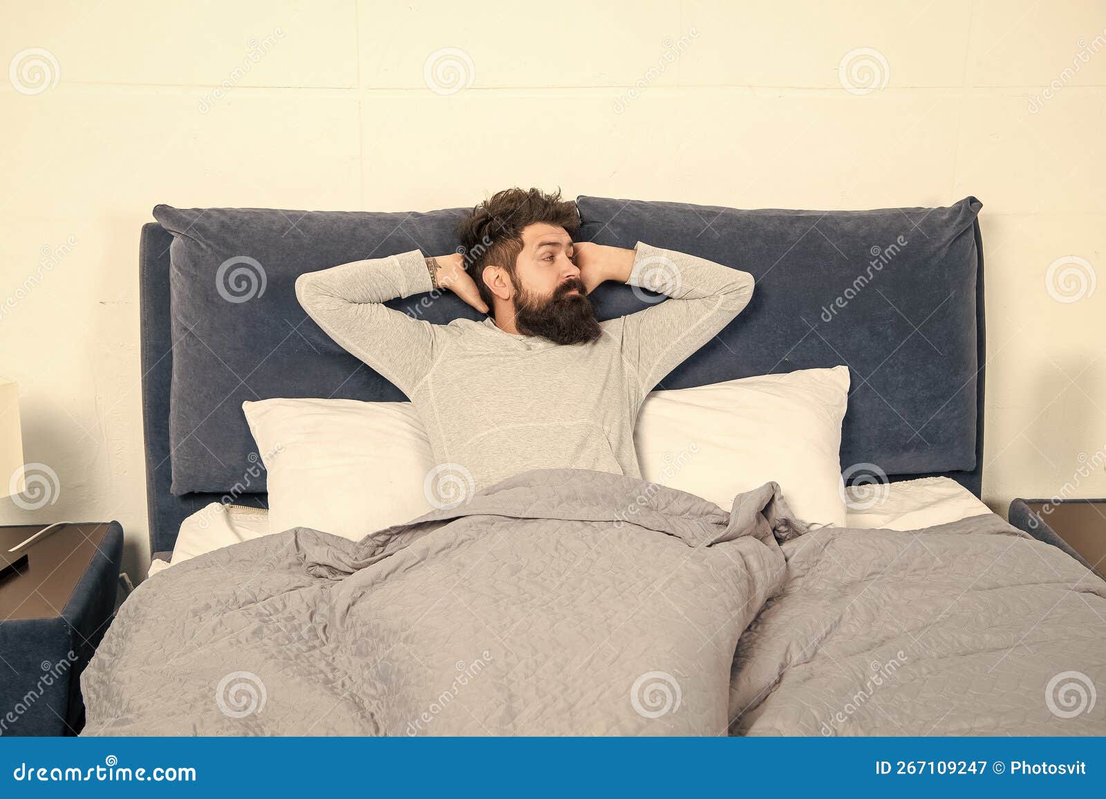 Drowsy Guy Being in Bed Awake after Sleep, Morning Stock Image - Image ...