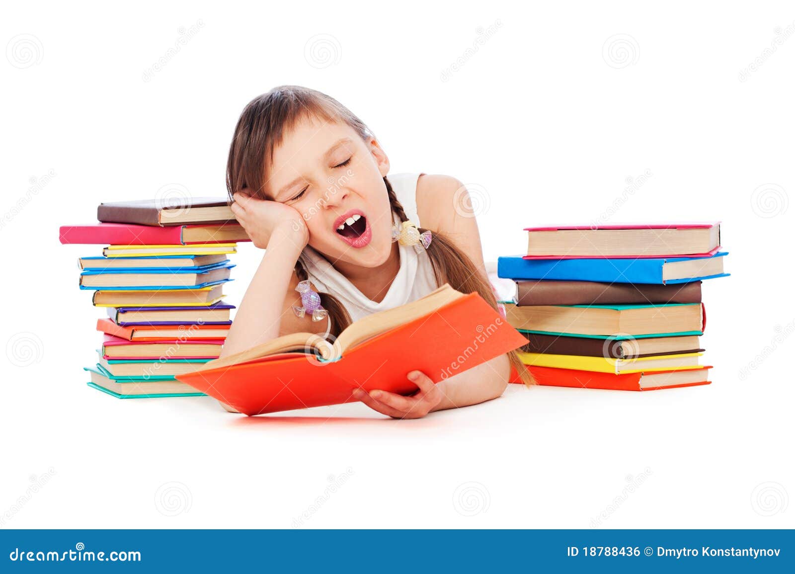 Drowsy Little Girl with Books Stock Photo - Image of caucasian ...