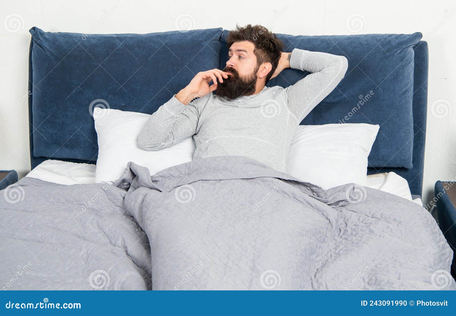 Drowsy Man Being in Bed Awake after Sleep, Morning Stock Photo - Image ...