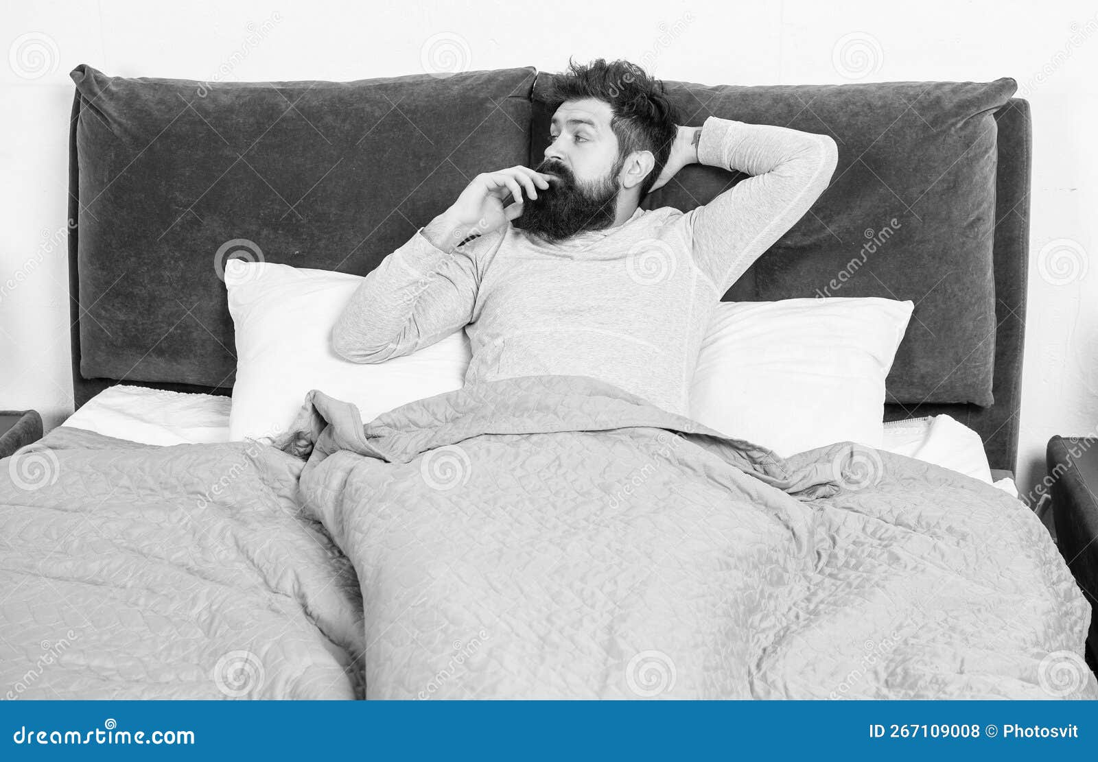 Drowsy Man Being in Bed Awake after Sleep, Morning Stock Photo - Image ...