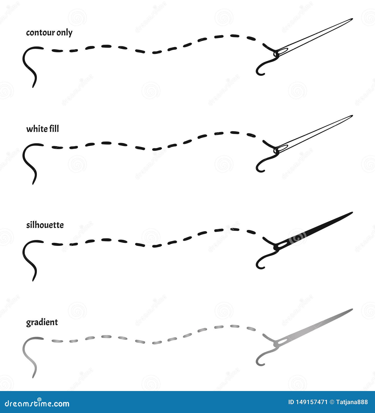 Set of Four Hand Drawn Sewing Needles with Thread in Different Versions ...