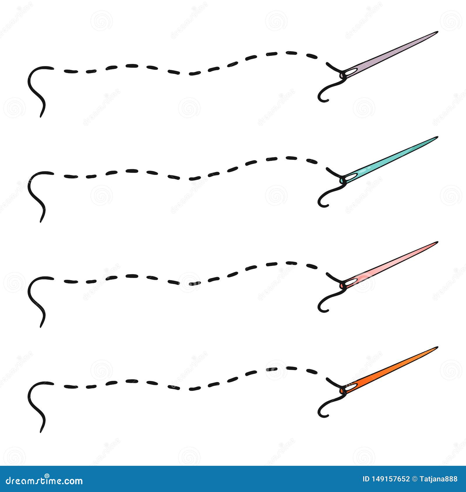Set of Hand Drawn Different Colored Sewing Needles with Thread in ...